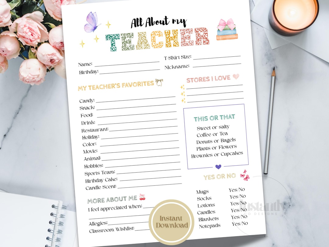 All About My Teacher Printable Teacher Favorite Things List Worksheet ...