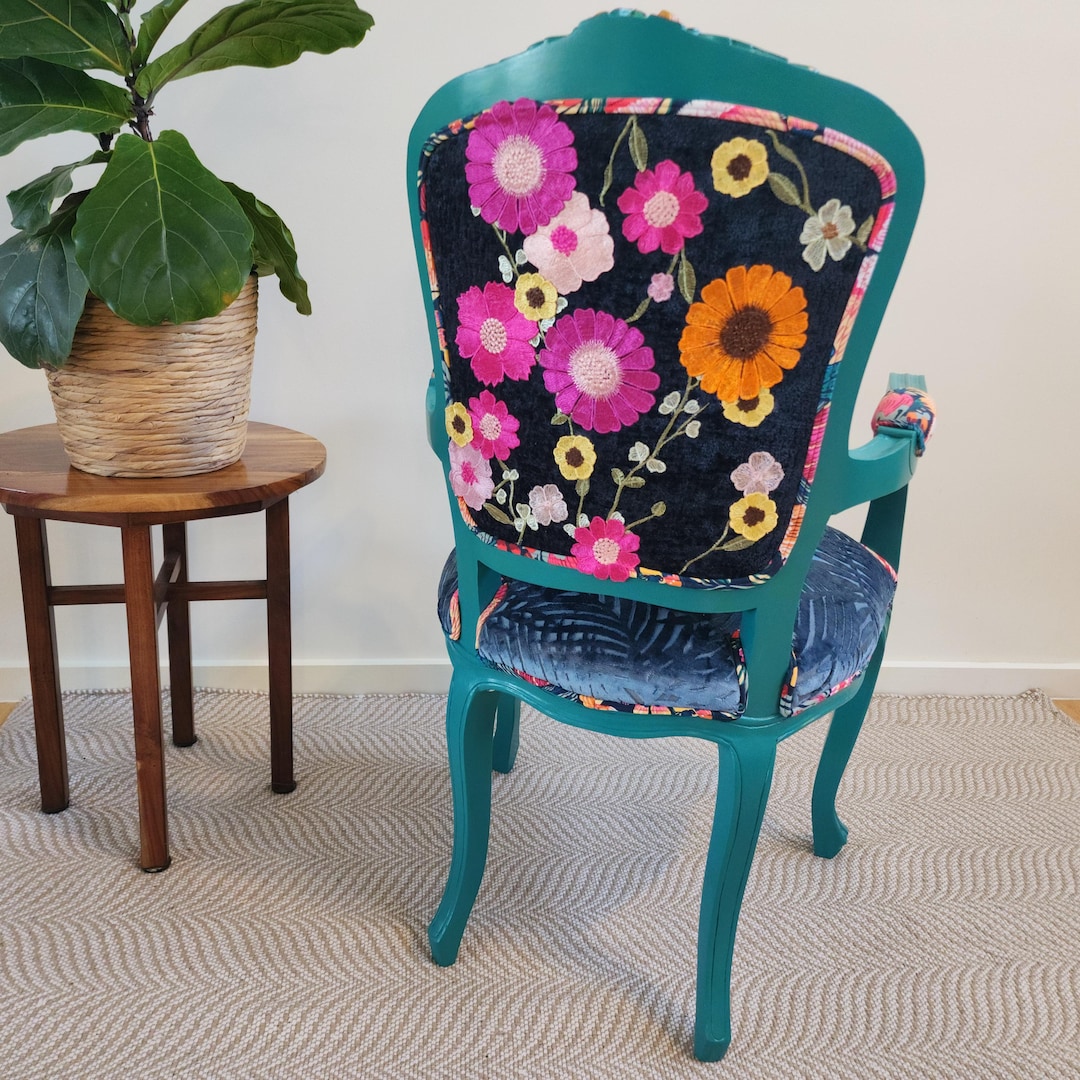 Colourful French Armchair, Botanical Floral Upholstery,teal Frame ...