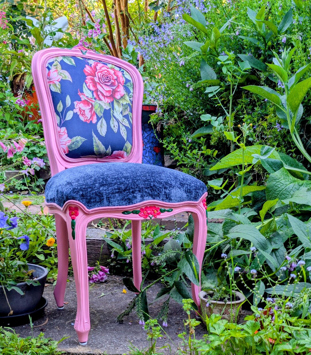 Hand-painted Rose Pink French Chair With Floral Details: Navy Boucle ...