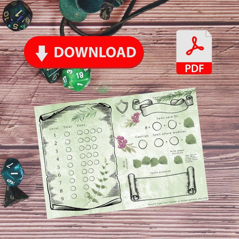 Printable Druid Spell Slot Tracker | Dnd 5e Spell Slot Sheet | Nature ...