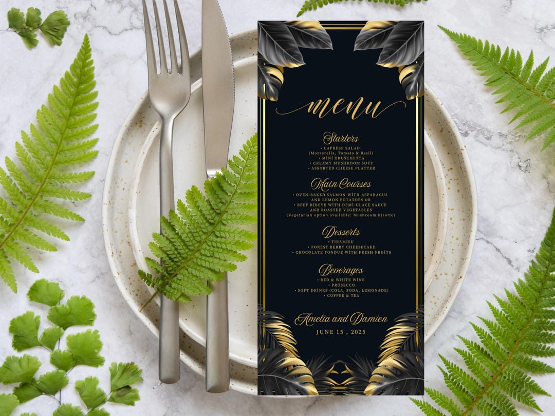 Black and Gold Menu Card Design | Editable Wedding Menu Template ...