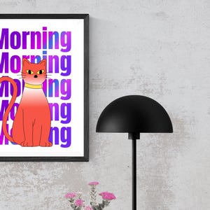Morning Cat Wall Art – Cute Digital Download Poster, Minimalist Cat ...