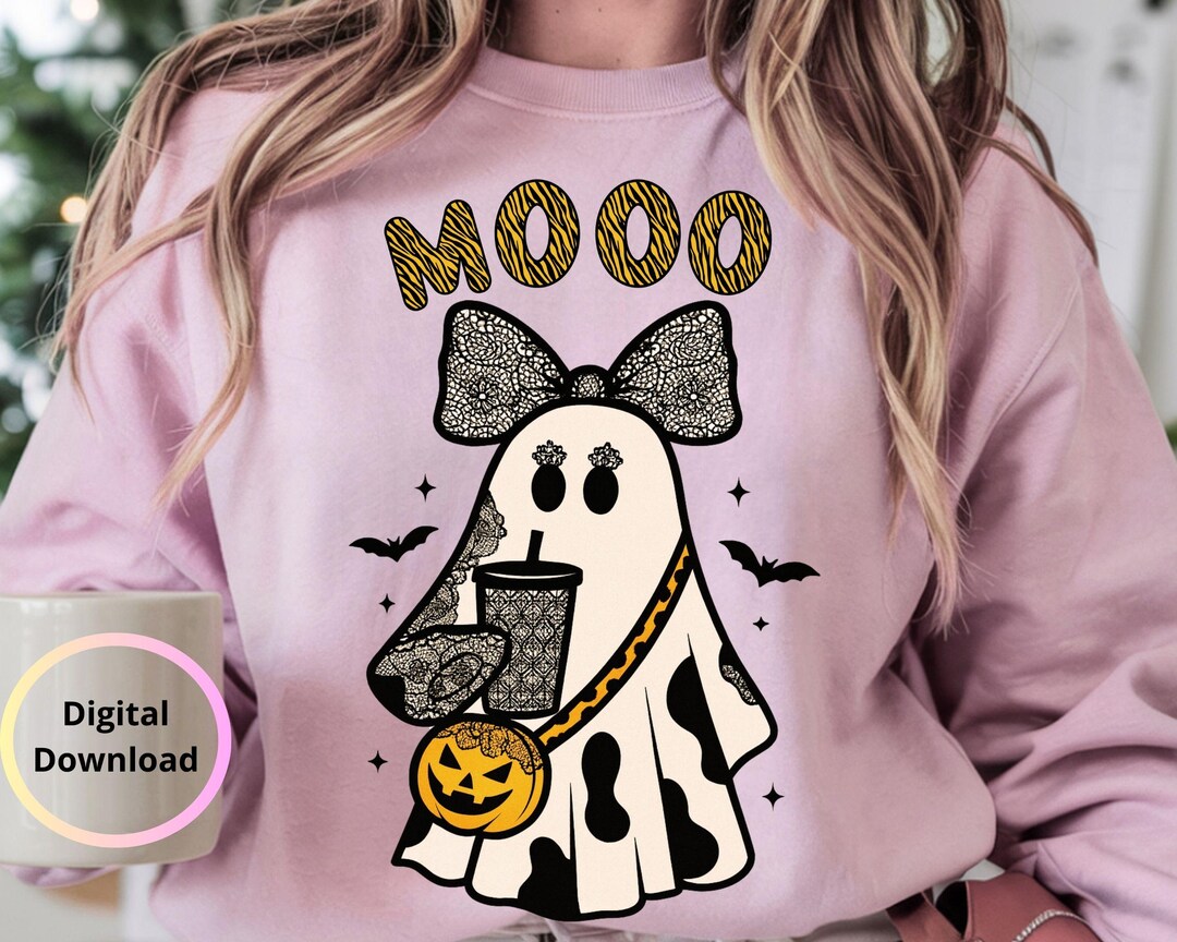 Cow Print MOOO Ghost PNG JPG | Lace Bow Iced Coffee Cute Spooky Graphic ...