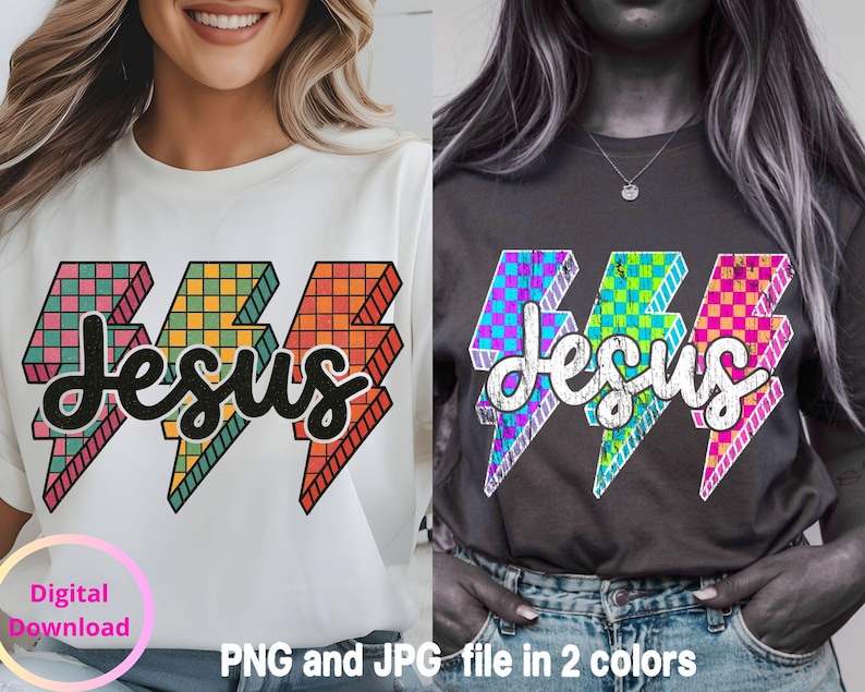 Jesus Lightning Bolt PNG JPG (2 Colors) | Retro Checkered Thunder ...