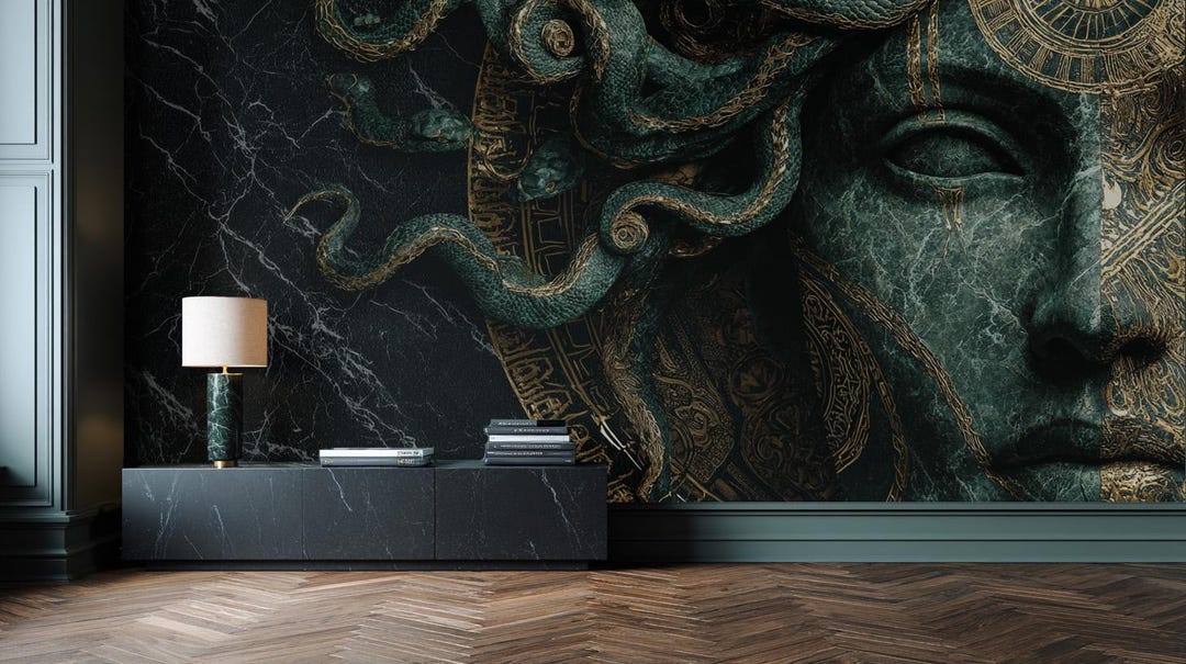 Emerald Green Medusa Wallpaper, Mythological Dark Marble Wall Mural - Etsy