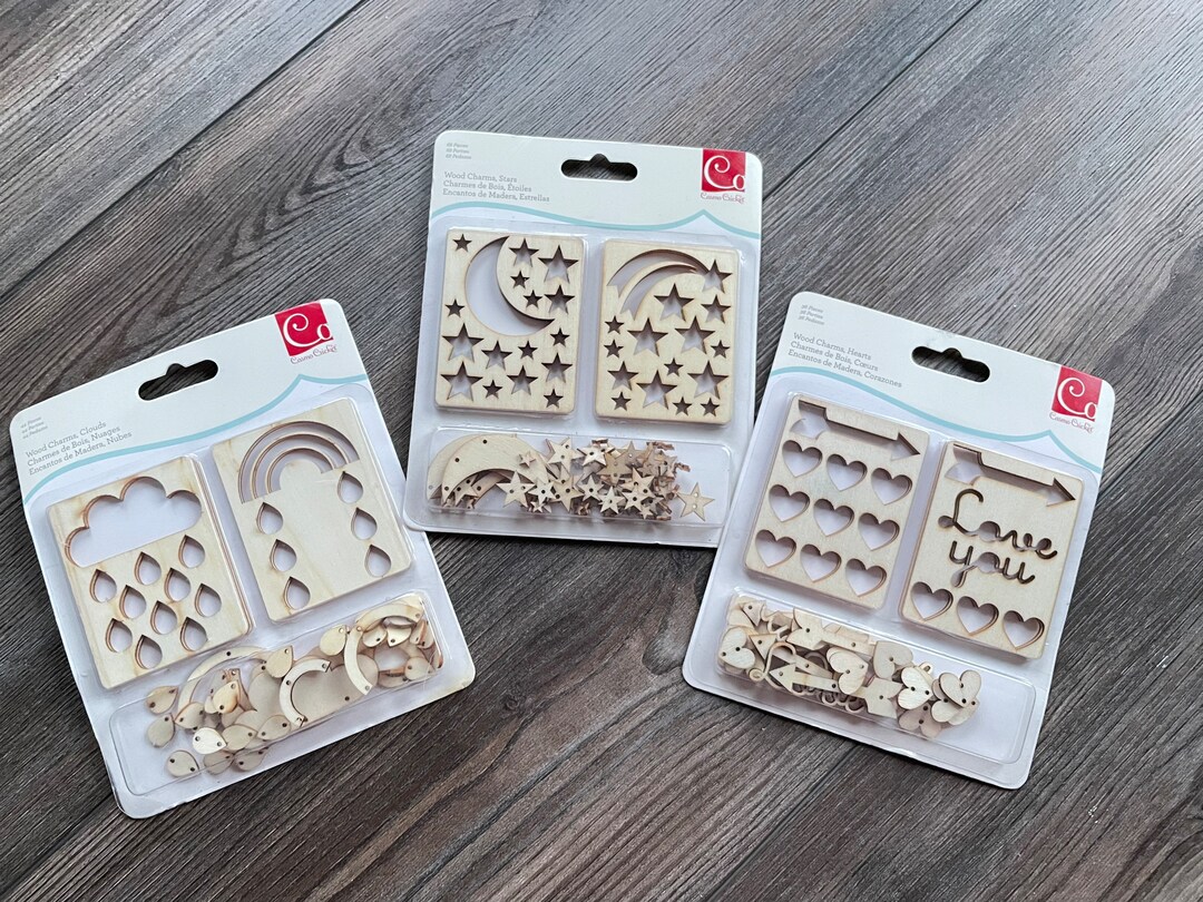 Cosmo Cricket Wooden Charm Sets - Wooden Shapes - Hearts Stars Clouds ...