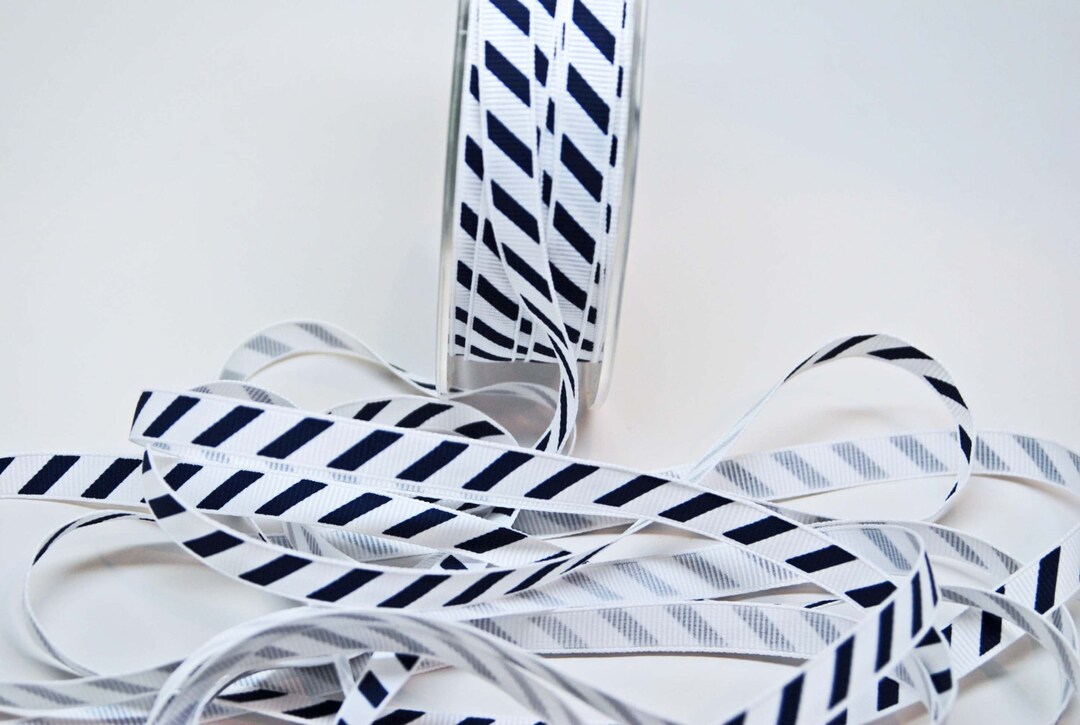 Varsity Diagonal Grosgrain Stripe Ribbon -- 3 / 8 Inch -- Navy White ...