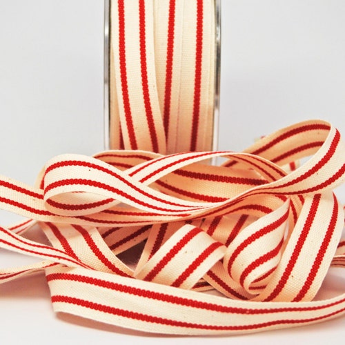 Cotton Stripe Ribbon 1.5 Inch Natural Holiday Red off | Etsy