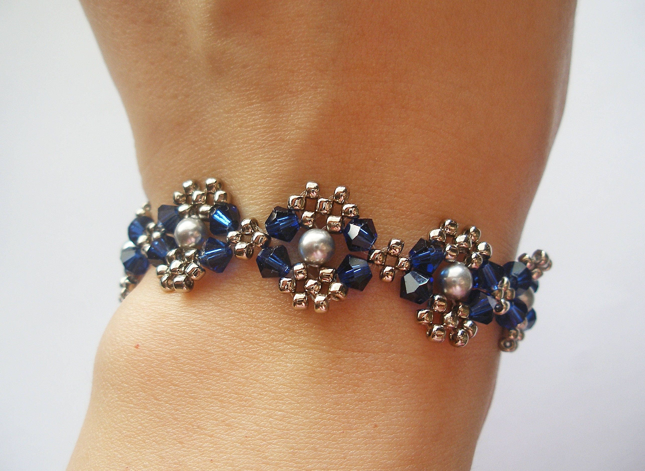 Beaded Bicone Bracelet Pattern Tutorial Blue Silver Pearl | Etsy