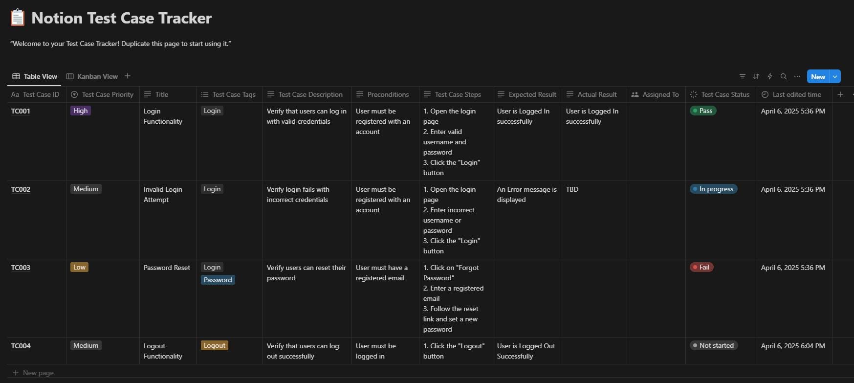 Test Case Template Pack (excel + Notion) | QA Testing Tracker | Test ...