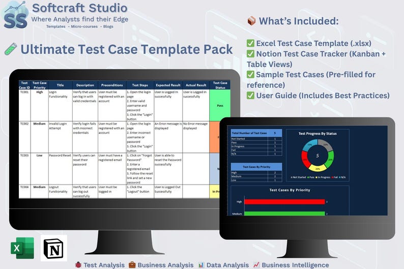 Test Case Template Pack (excel + Notion) | QA Testing Tracker | Test ...