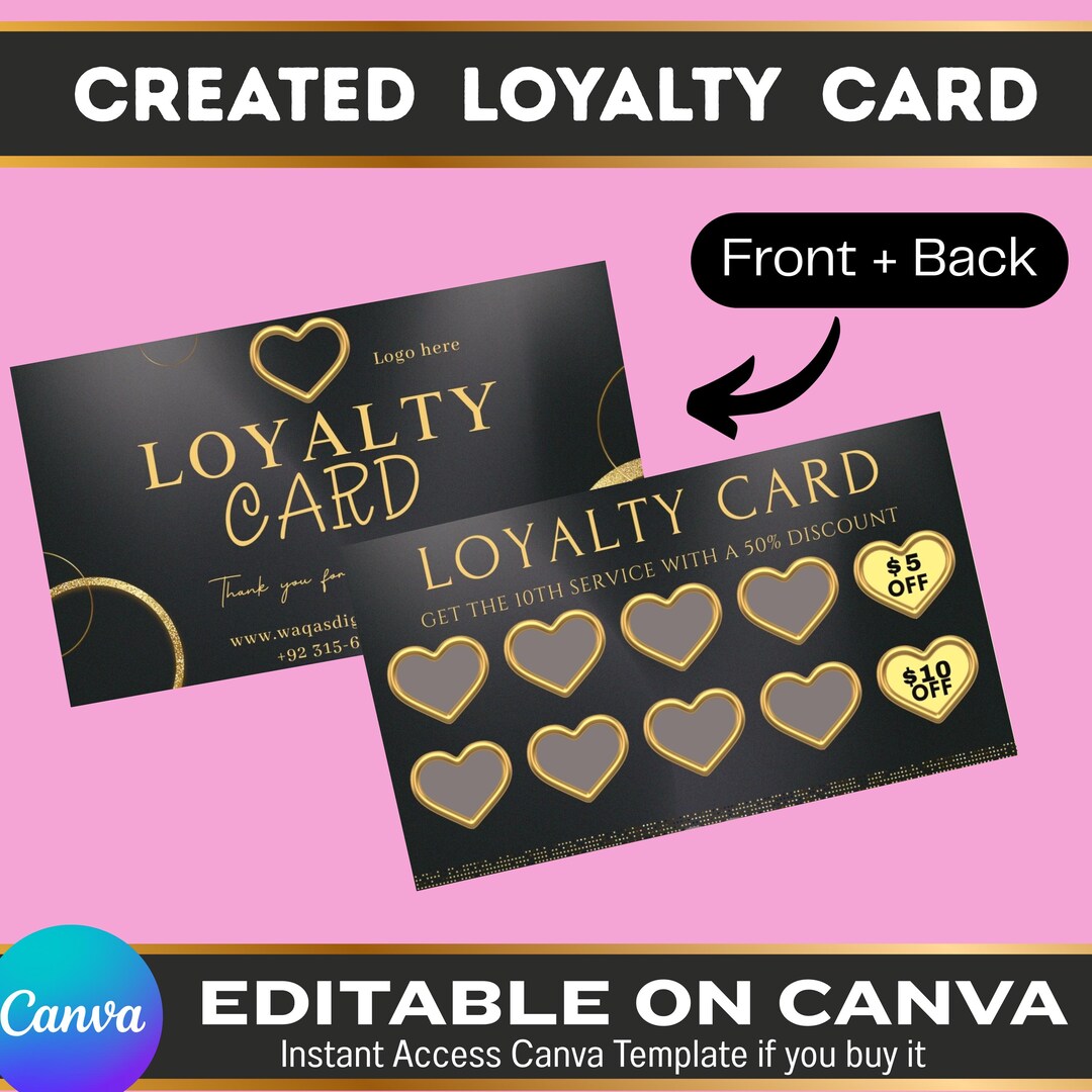 Black & Gold Loyalty Card Template | Editable Canva Punch Card | Custom ...