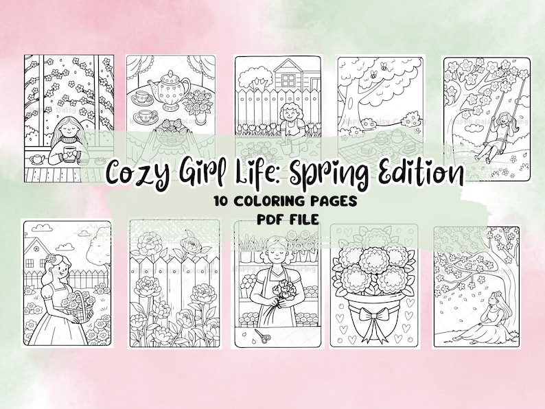 Spring Coloring Pages: Cottagecore Kawaii Art, 10-page Printable (PDF ...