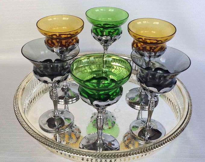 6 Farberware Chrome Cocktail Glasses Art Deco Krome Kraft Chrome Stem Cambridge Blown Glass