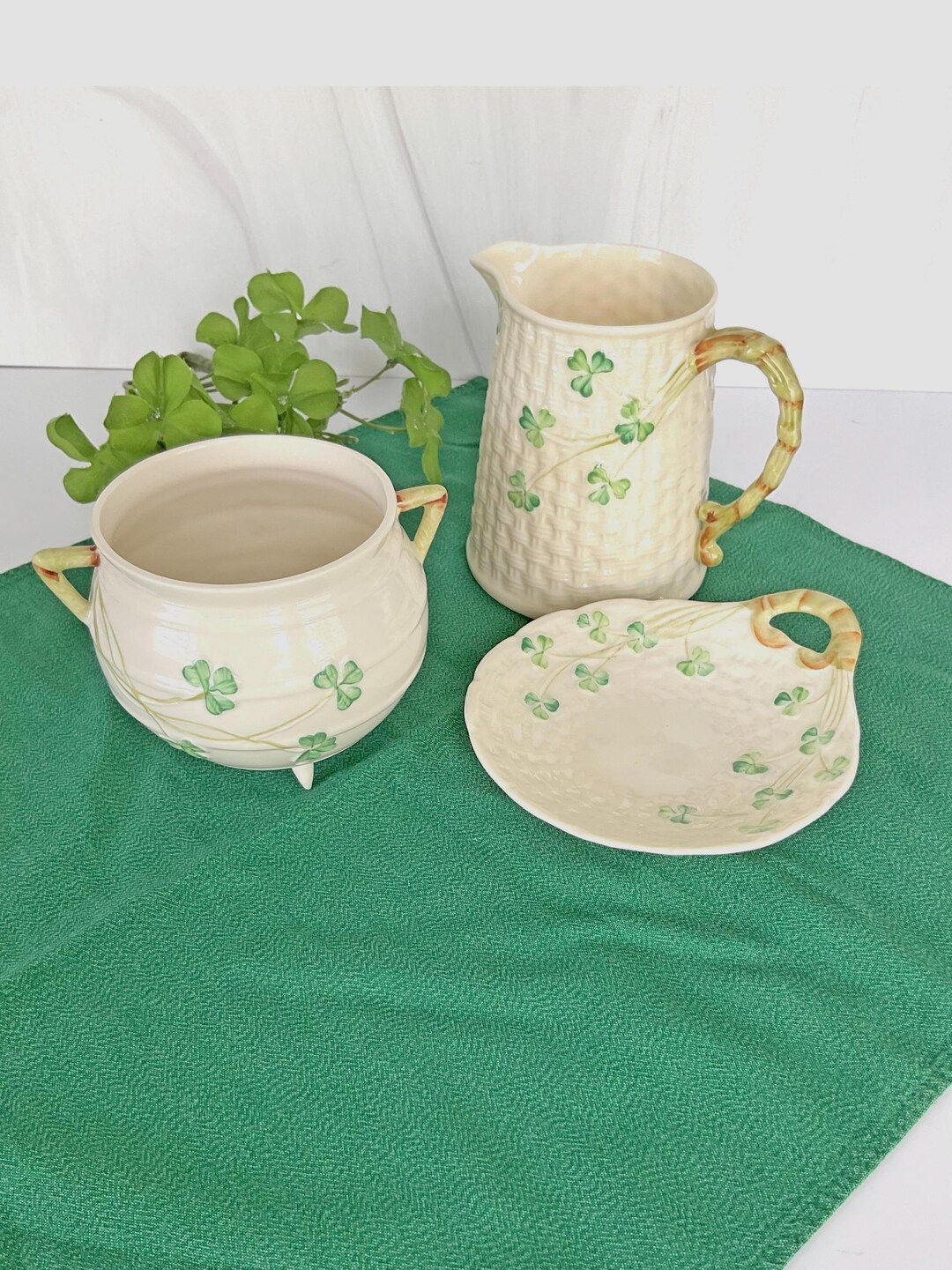 Belleek Shamrock China Set: Sugar, Creamer & Butter Server, Mint ...