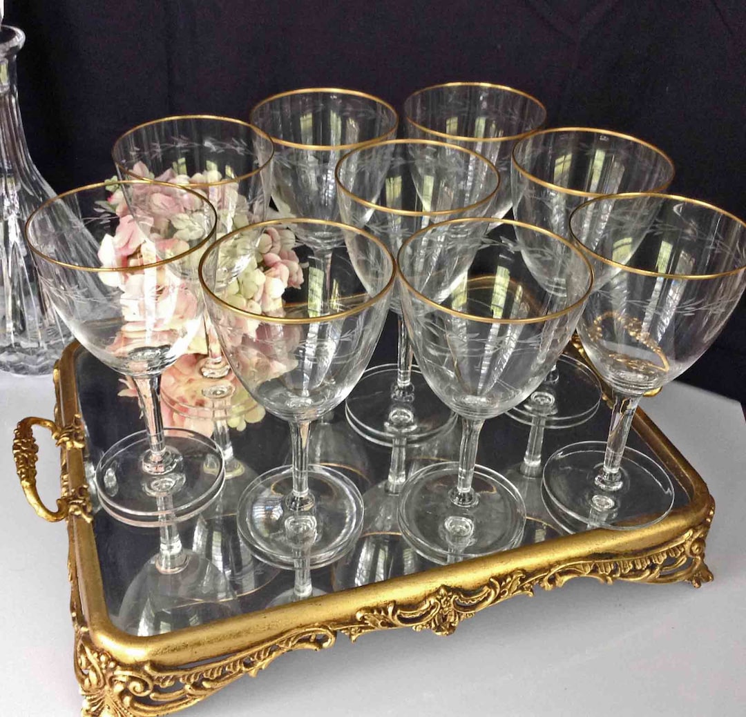 Gorham Crystal Adrian by Gorham Water Glasses 9 Gorham Gold Trim ...