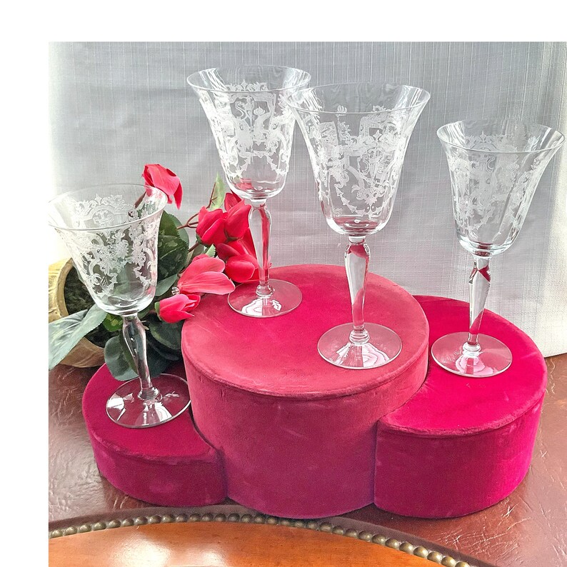 Vtg Crystal Wine Glasses, 4 Virginia by Morgantown, Floral Pattern ...