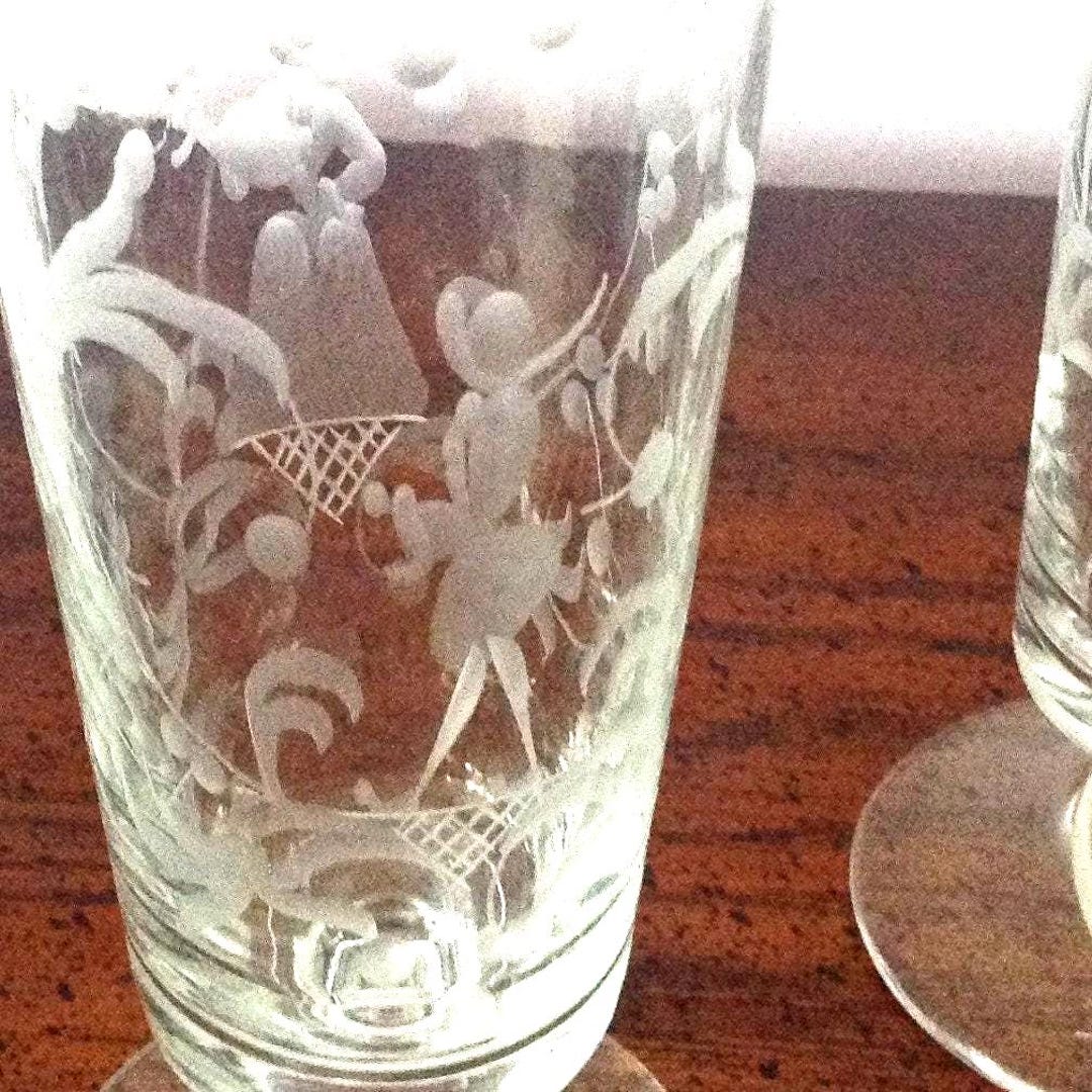 9 Pc Art Nouveau Crystal Bar Set: Etched Pitcher & Glasses, Ballerina ...