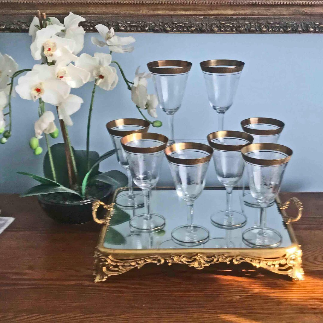 8 Gold Encrusted Etched Water / Wine Glasses, Optical Blown Glass 6.5 ...