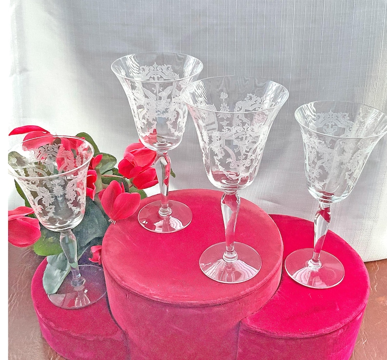Vtg Crystal Wine Glasses, 4 Virginia by Morgantown, Floral Pattern ...