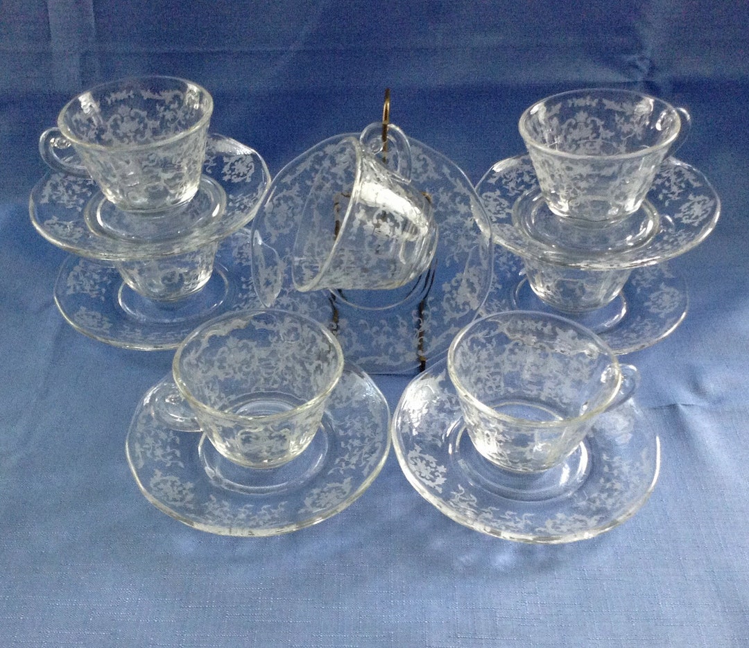 Fostoria Navarre 7 Clear Cups and Saucers Fostoria Depression Glass ...
