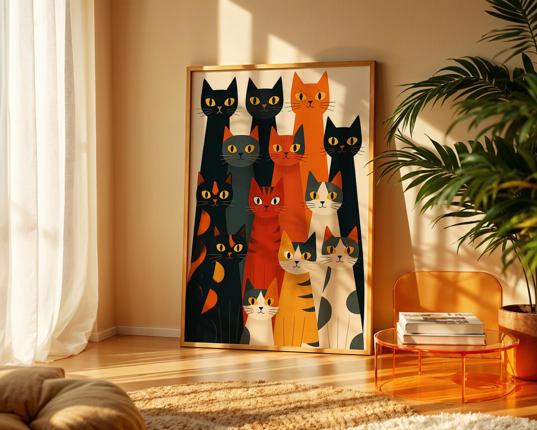 Mid Century Modern Cat Print | Black and Orange Cat Poster, Vertical ...