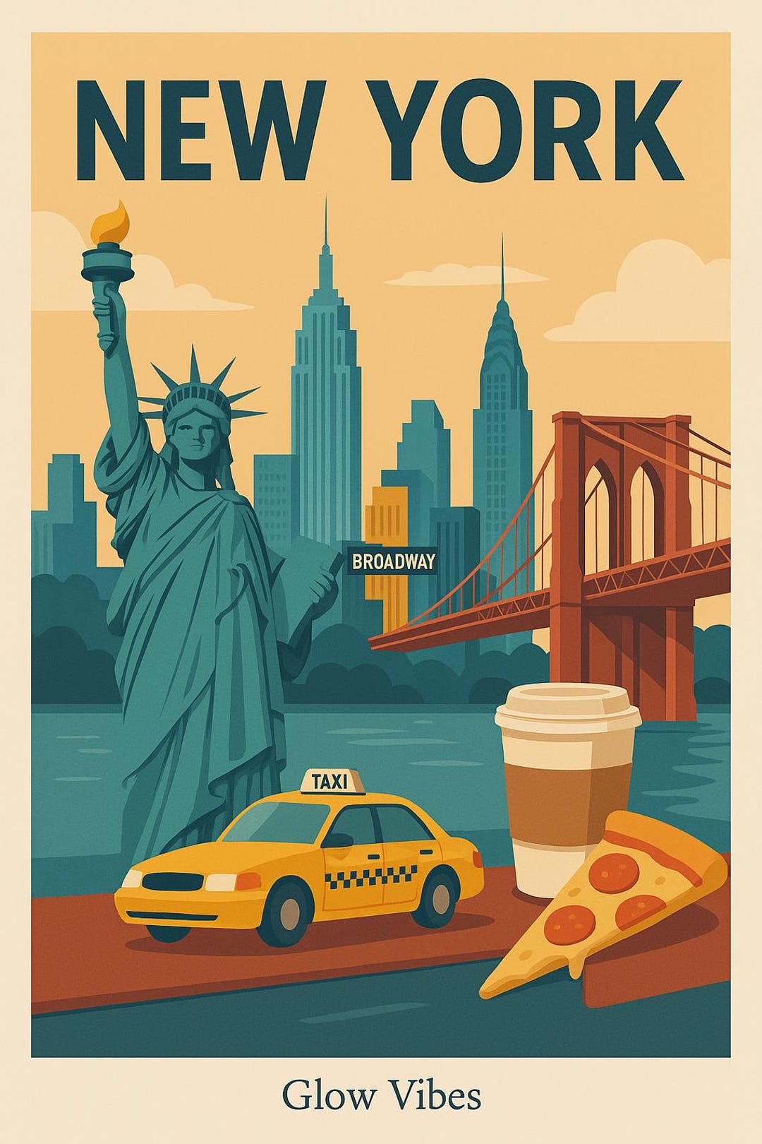 New York Poster Print – Modern Vintage Illustration | Glow Around the ...