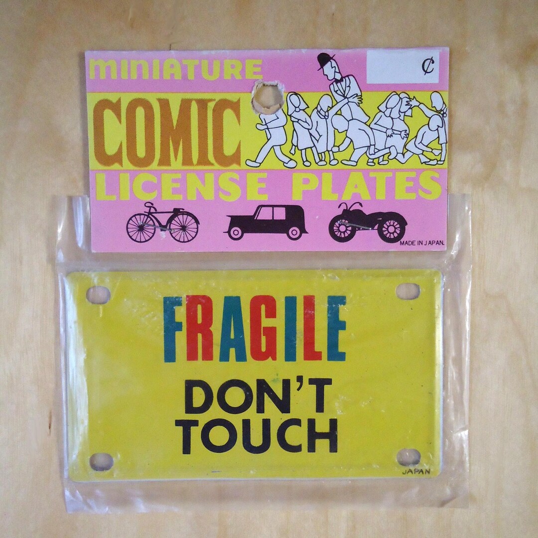 BICYCLE LICENSE PLATE, 1960s, Comic, Litho Tin, Fragile Don't Touch ...