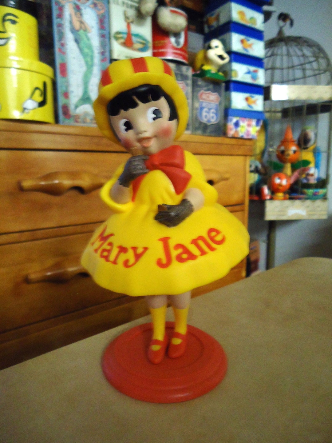 MARY JANE MASCOT, Vintage, Figural Mascot Doll, Plastic, Stands on Disc ...