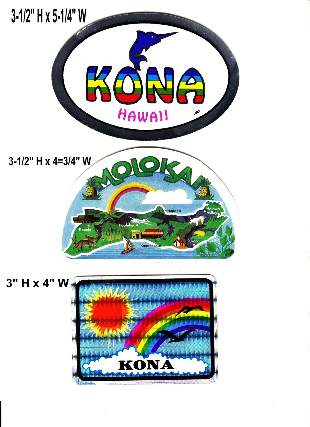 HAWAII TRAVEL STICKERS, Three, Vintage, Kona, Molokai, Surf ...