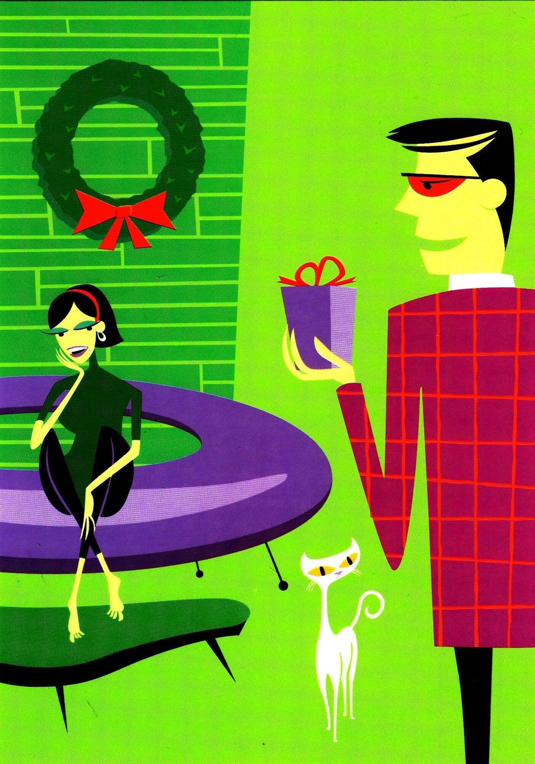 SHAG CHRISTMAS CARD, Happy Holidays, Feline Tiki Cat, Artist Josh Agle ...