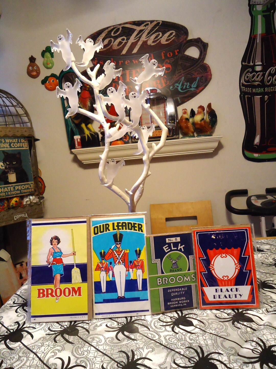 VINTAGE BROOM LABELS, 1920s, Four 4, Lady With Broom, Our Leader, Elk ...