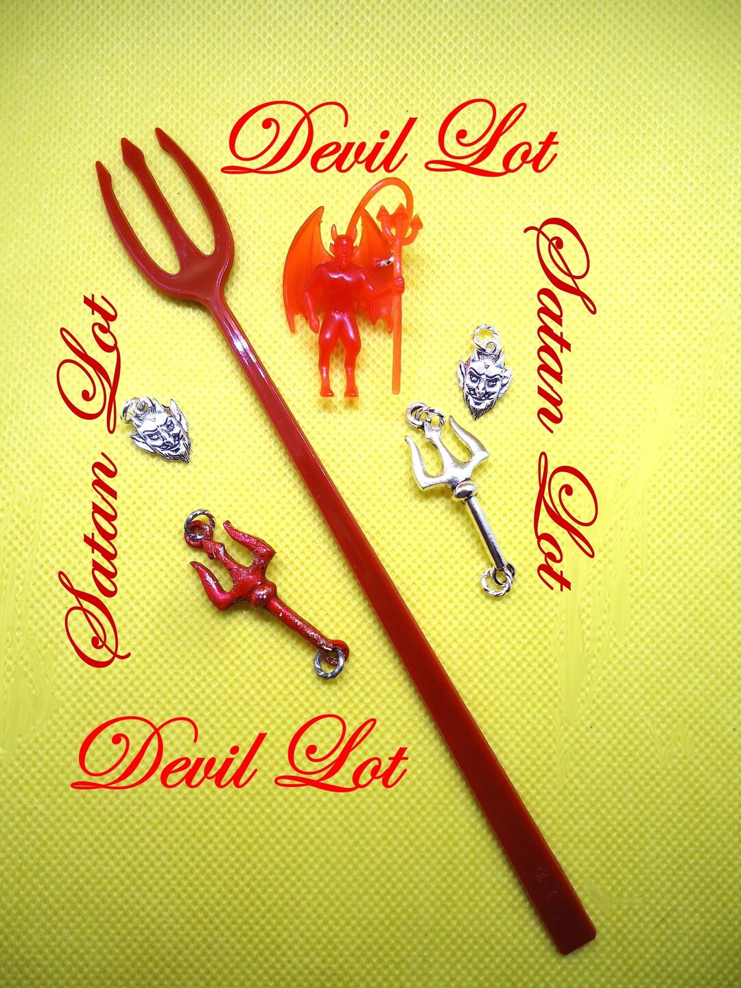 DEVIL DEMON SUPPLIES, 6 Pc Lot, Plastic Devil, Devil Charms, Pitch Fork Charms, Long Red Plastic ...