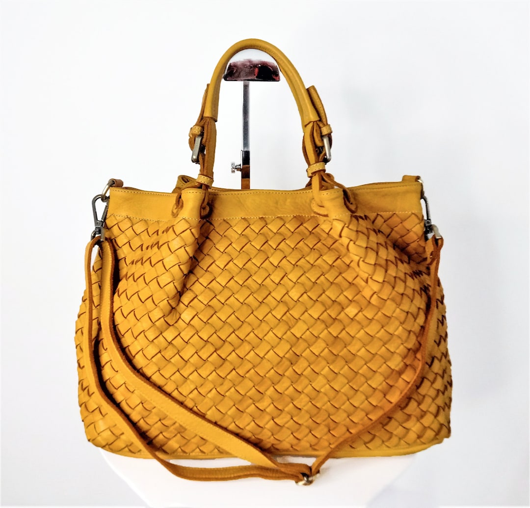 Yellow Woven Leather Bag, Customizable, Soft Woven Handbag, Leather ...