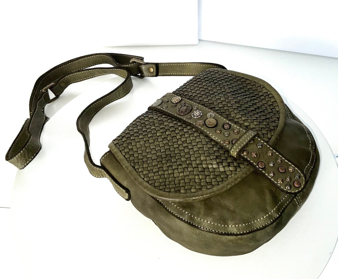 Small Military Green Woven Leather Crossbody Bag, Soft Handmade Woven ...