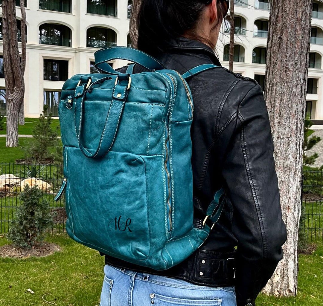Teal Blue Large Soft Leather Backpack Unisex, Teal Blue Italian Bag ...