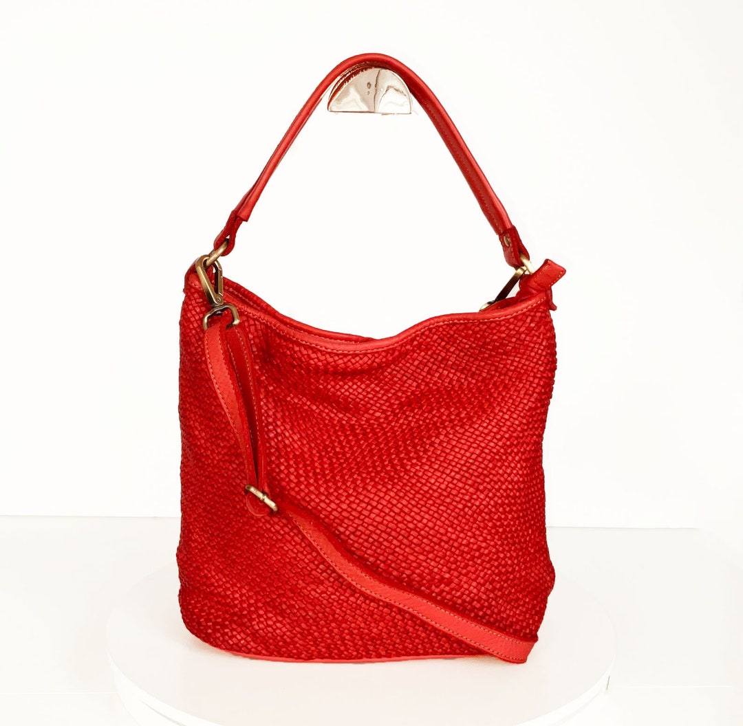 Italian Red Woven Leather Crossbody Bag, Customizable, Slouchy Shoulder ...