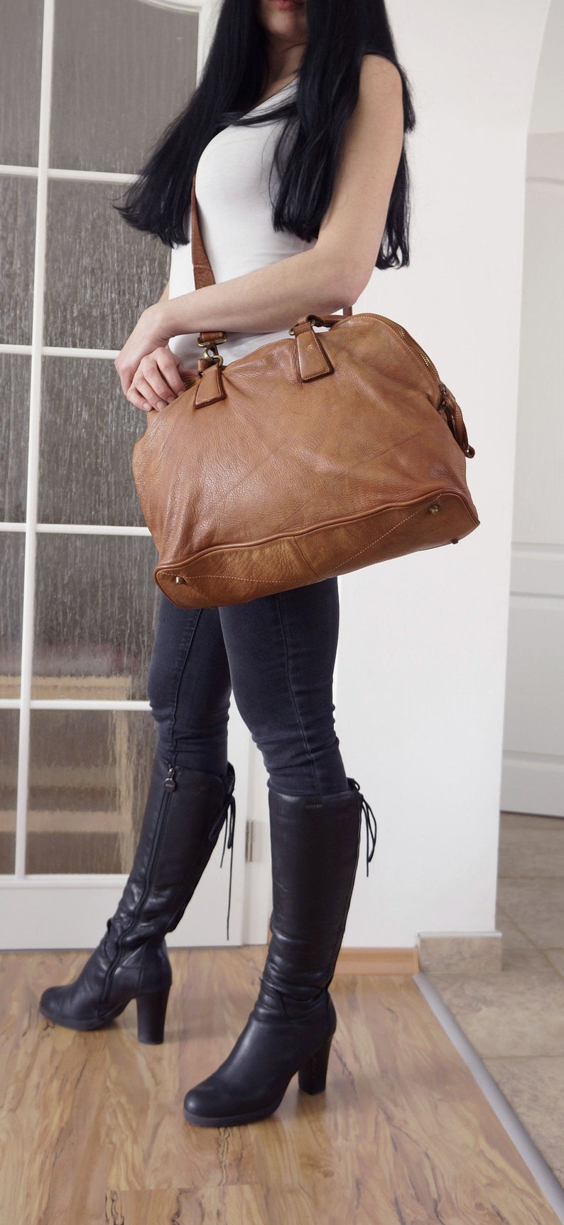 Cooper - Cognac Italian Leather Bag, Monogram Leather Handbag, Leather ...