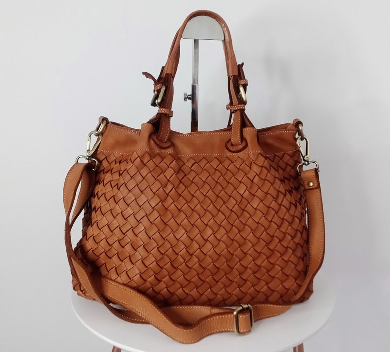 Cognac Soft Woven Leather Tote Bag, Customizable, Crossbody, Slouchy ...
