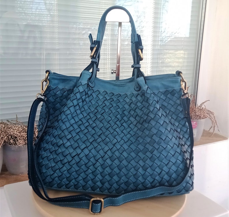 Soft Navy Blue Woven Leather Tote Bag, Soft Italian Handbag ...