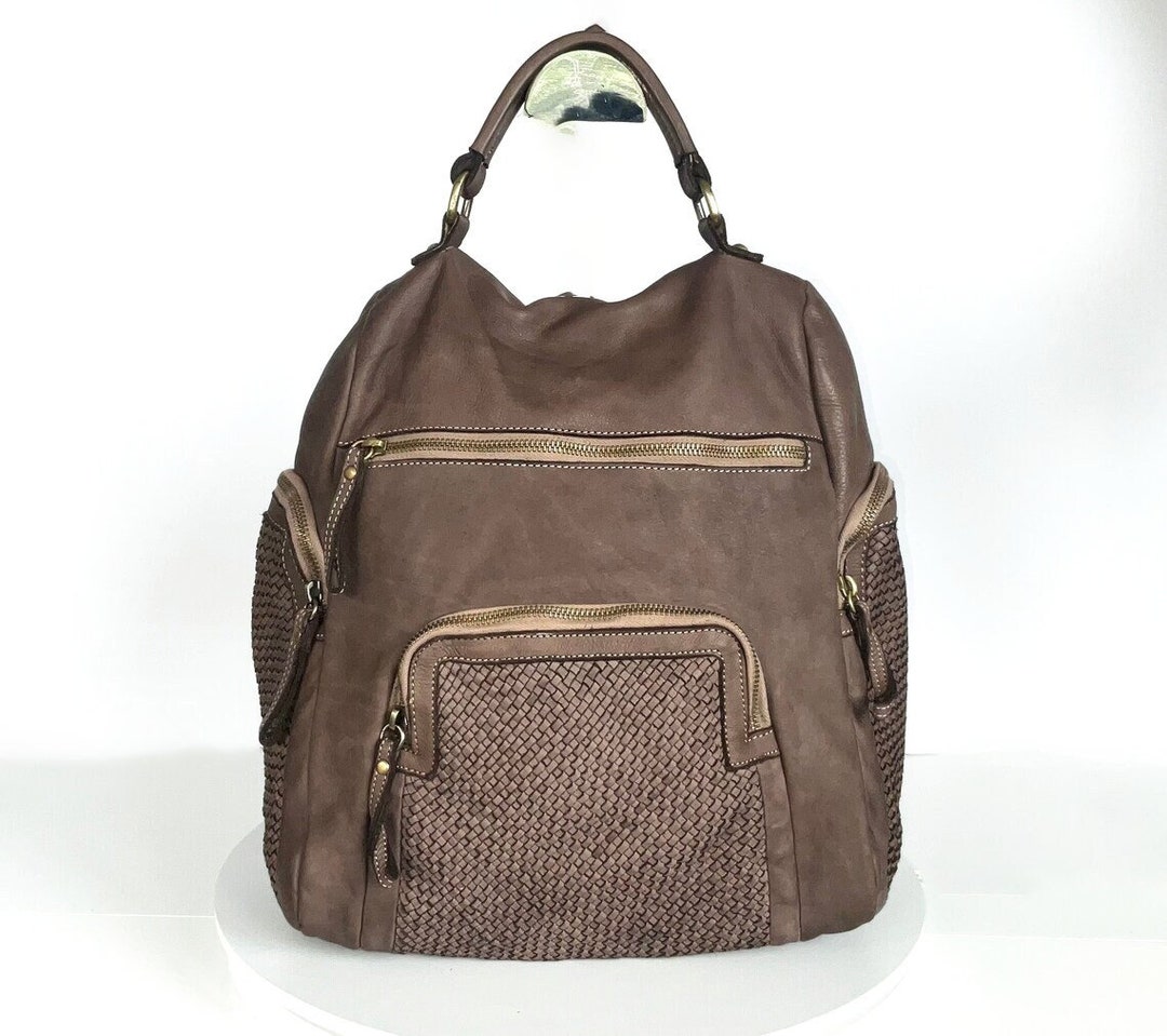 Taupe Soft Leather Backpack, Woven Italian Backpack, Handmade Leather ...