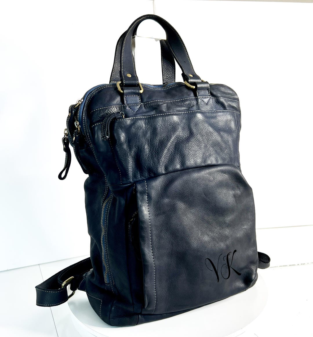 Dark Blue Large Soft Leather Backpack Unisex, Cognac Italian Backpack ...