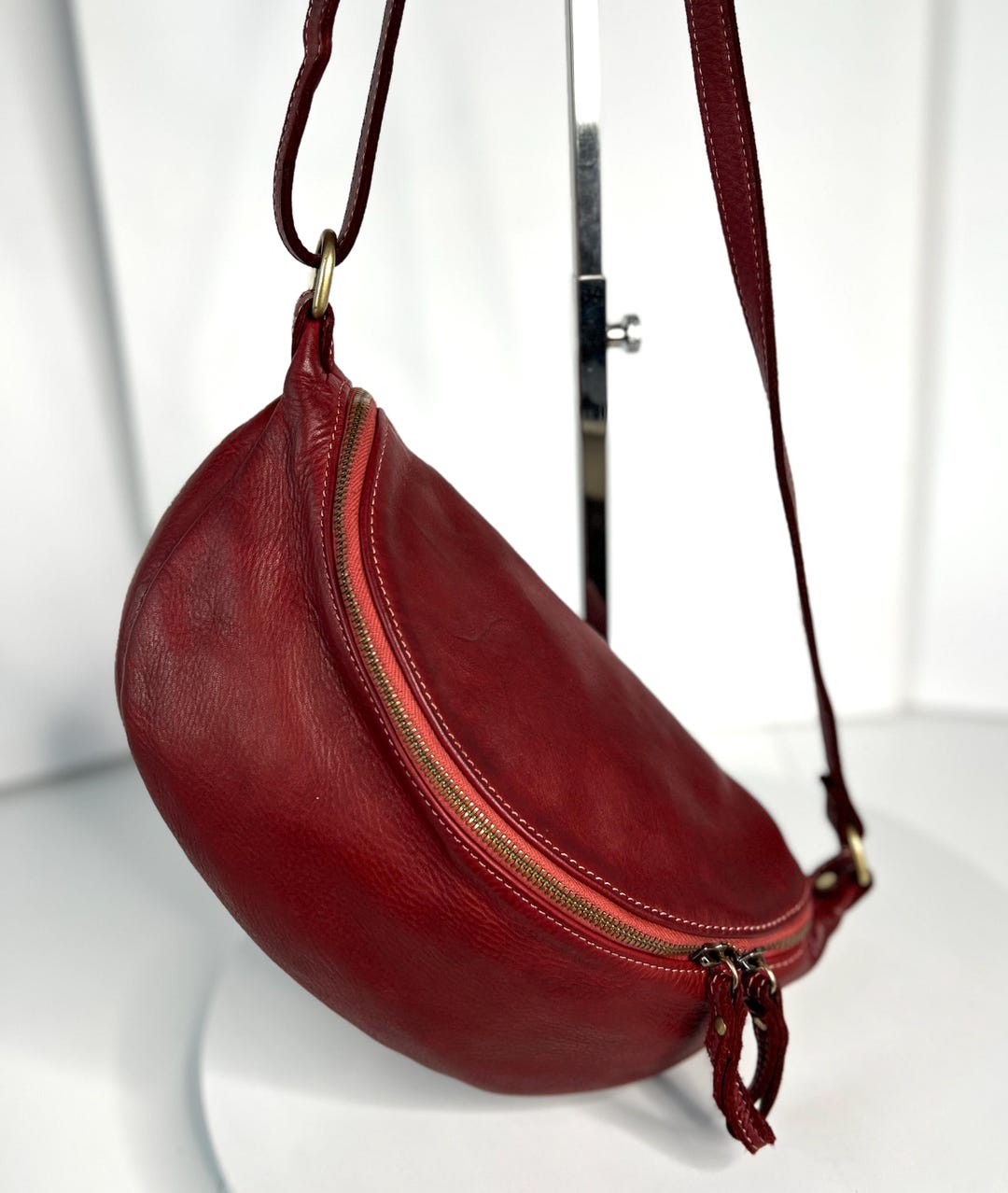 Cherry Red Italian Soft Leather Belt Bag, Customizable, Italian Leather ...
