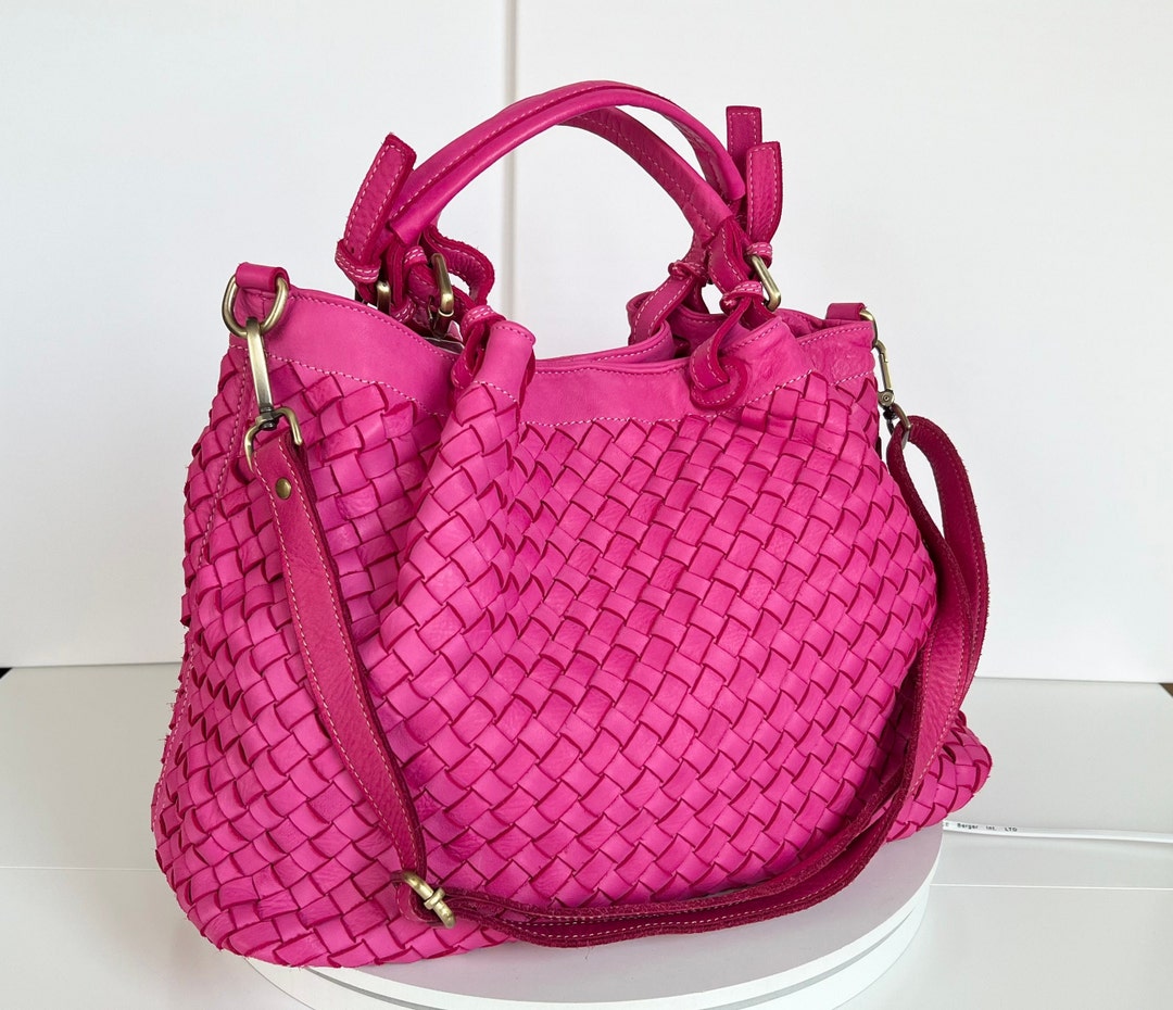 Soft Fuchsia Woven Italian Leather Tote Bag, Customizable, Fuchsia ...