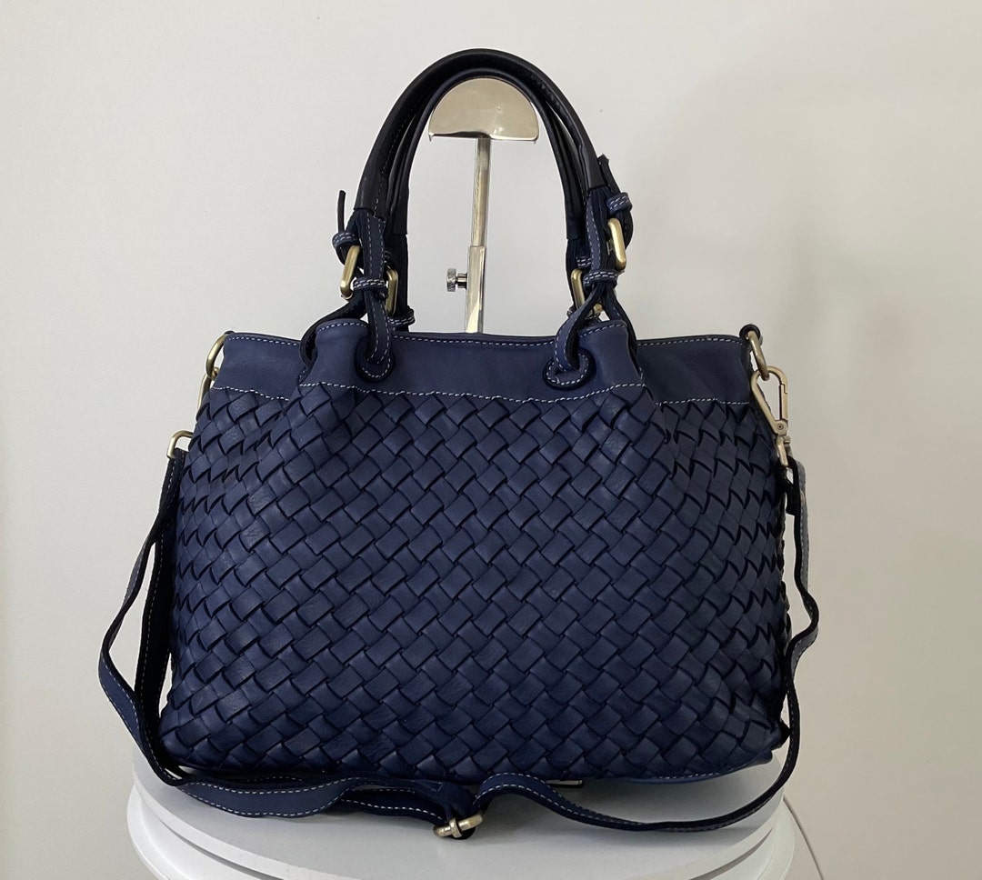 Soft Navy Blue Woven Leather Tote Bag Italian Woven Handbag - Etsy
