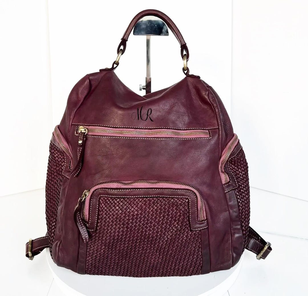 Red Wine Soft Leather Backpack, Soft Woven Italian Backpacks, Handmade ...