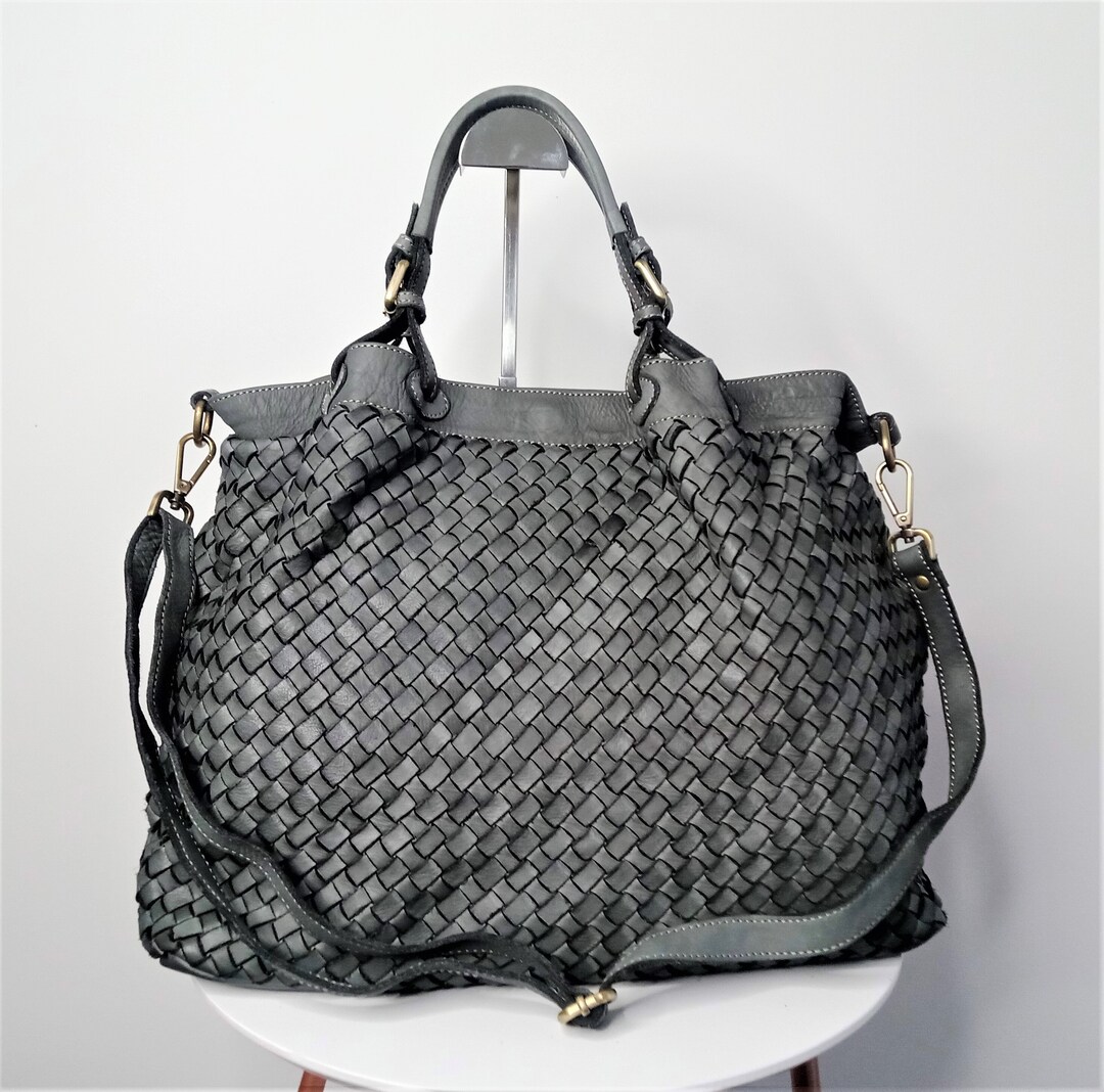 Soft Gray Woven Italian Leather Tote Bag, Customizable, Italain Gray ...