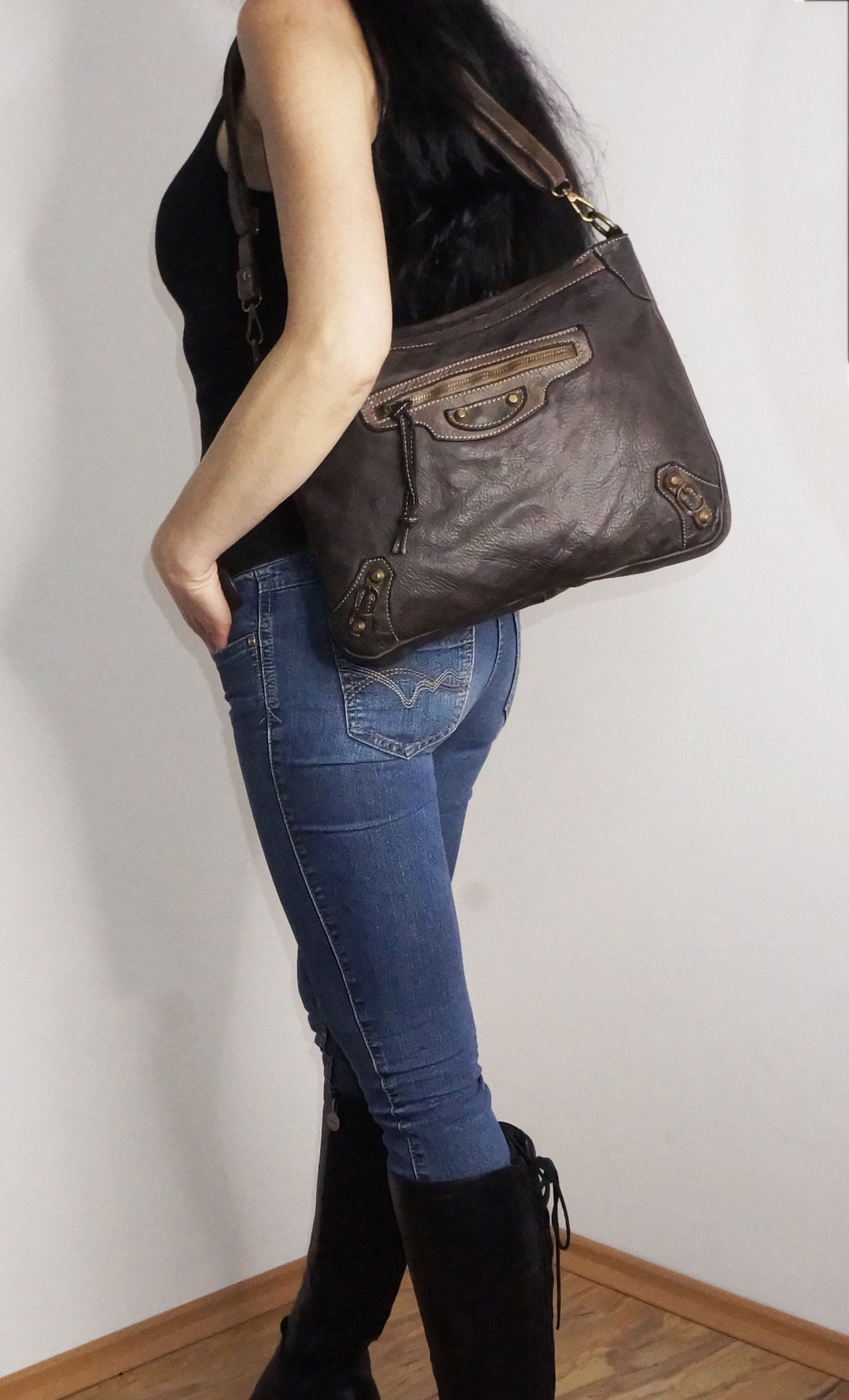 Dark Brown Leather Crossbody Bag, Slouchy Shoulder Bag Zipper, Purse ...