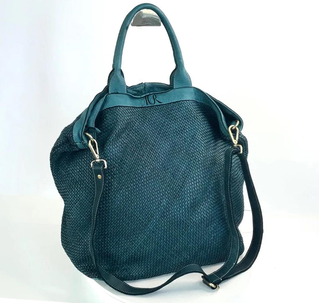 Teal Blue Woven Leather Tote Zipper, Soft Handbag, Large Slouchy Bag ...