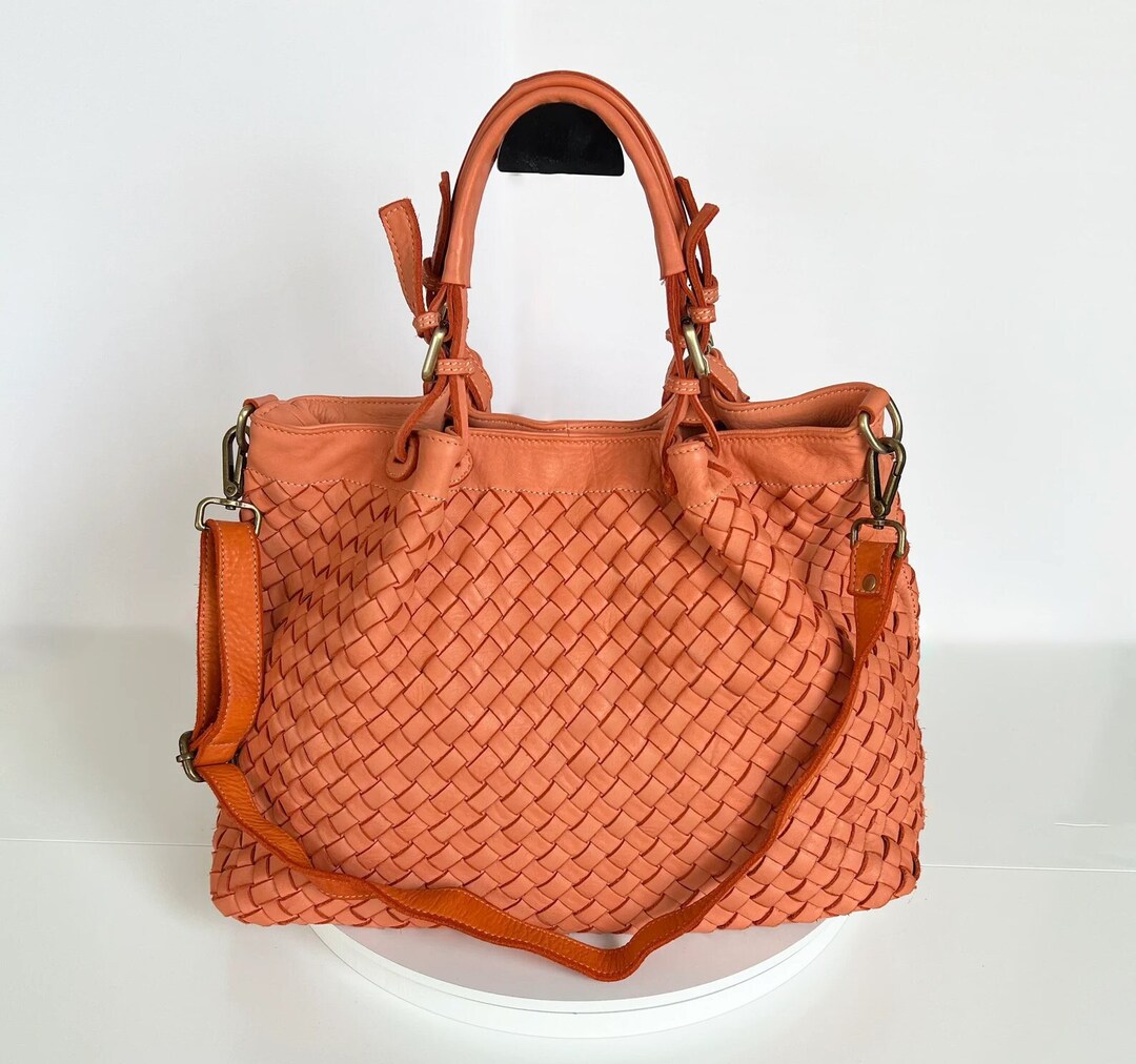 Light Orange Woven Leather Bag, Soft Woven Handbag, Leather Tote Woman ...